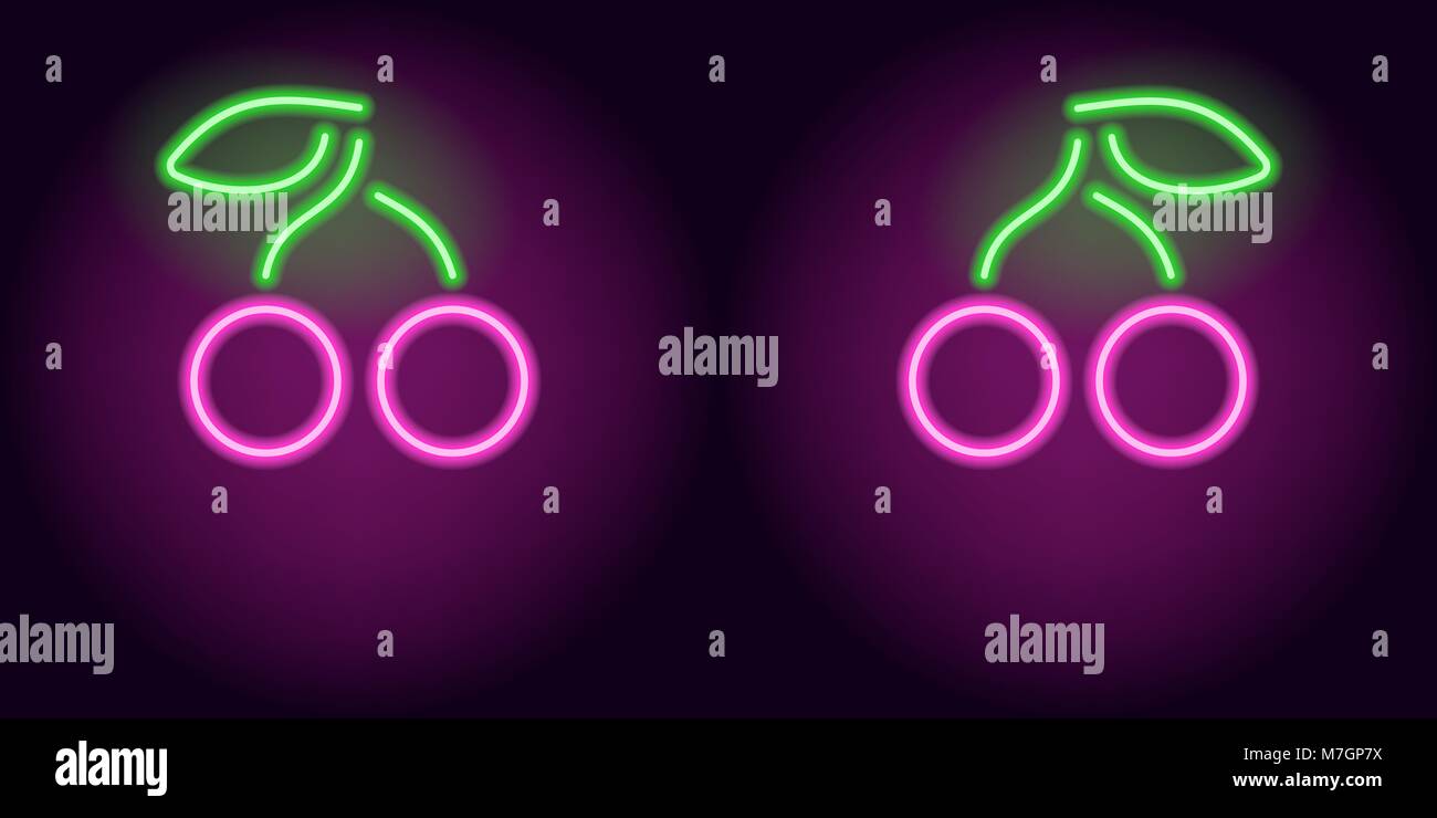 Pink neon cherry with leaf. Vector illustration of neon pink cherry ...