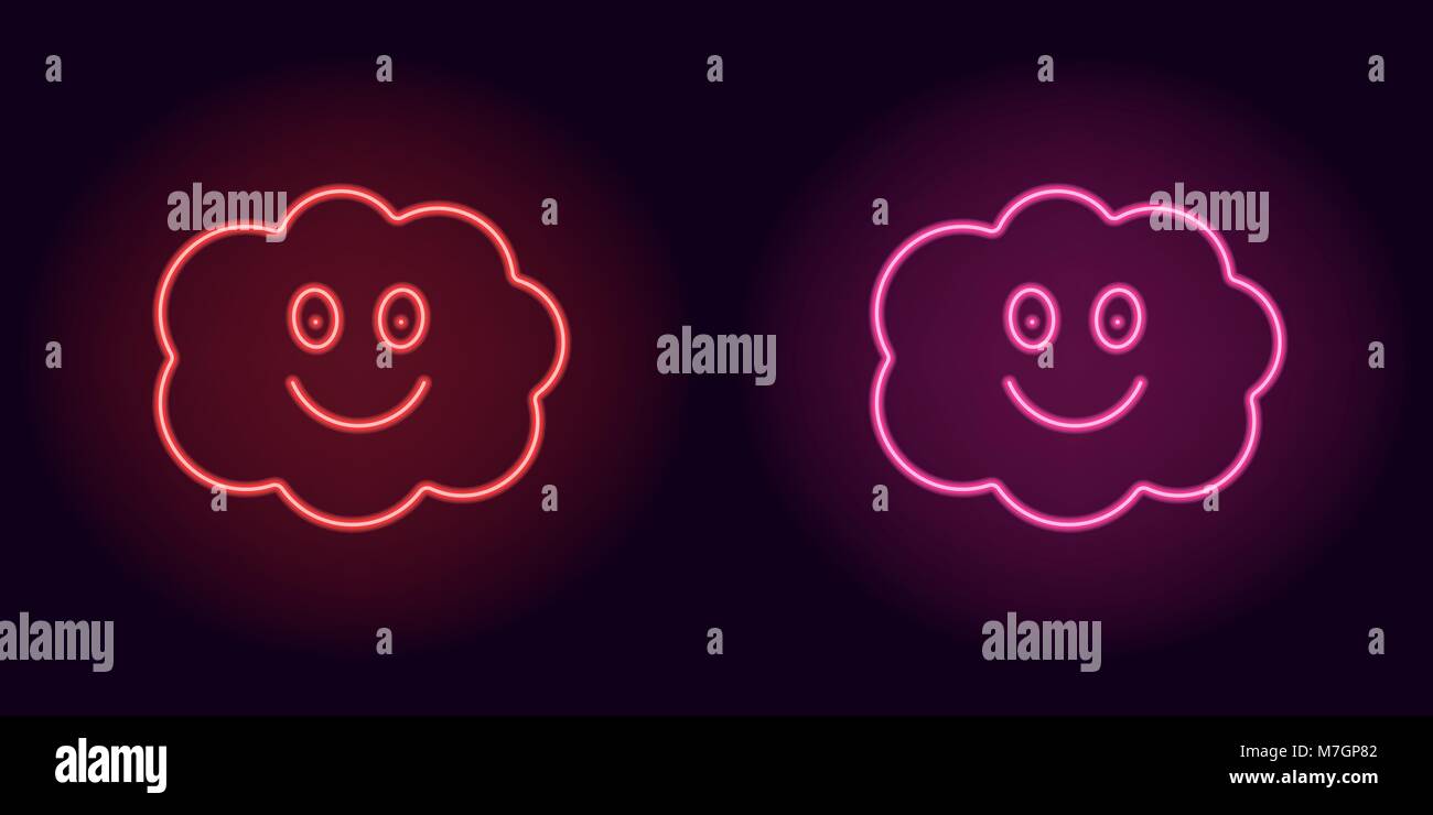 Red and pink neon cloud with smile. Vector illustration of neon cloud ...
