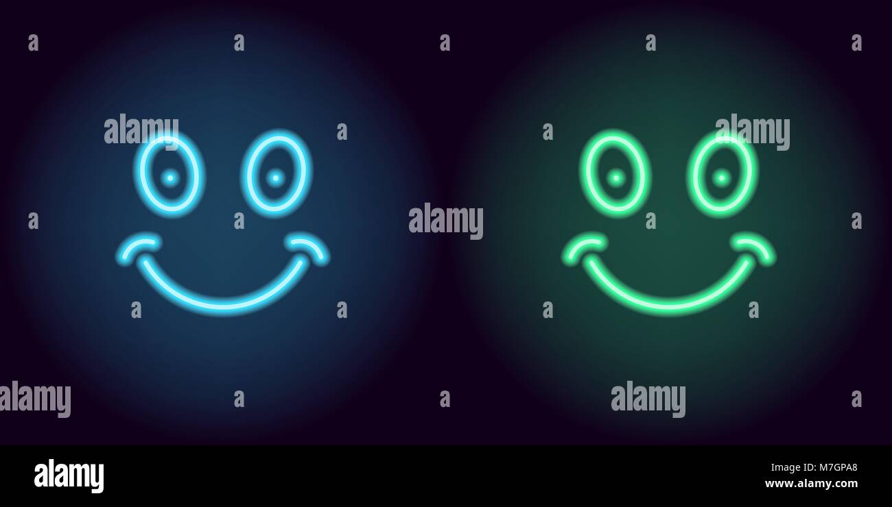 Blue and green neon smile. Vector illustration of funny neon emoji ...