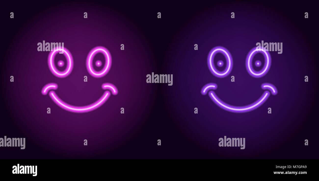Purple and violet neon smile. Vector illustration of funny neon emoji ...