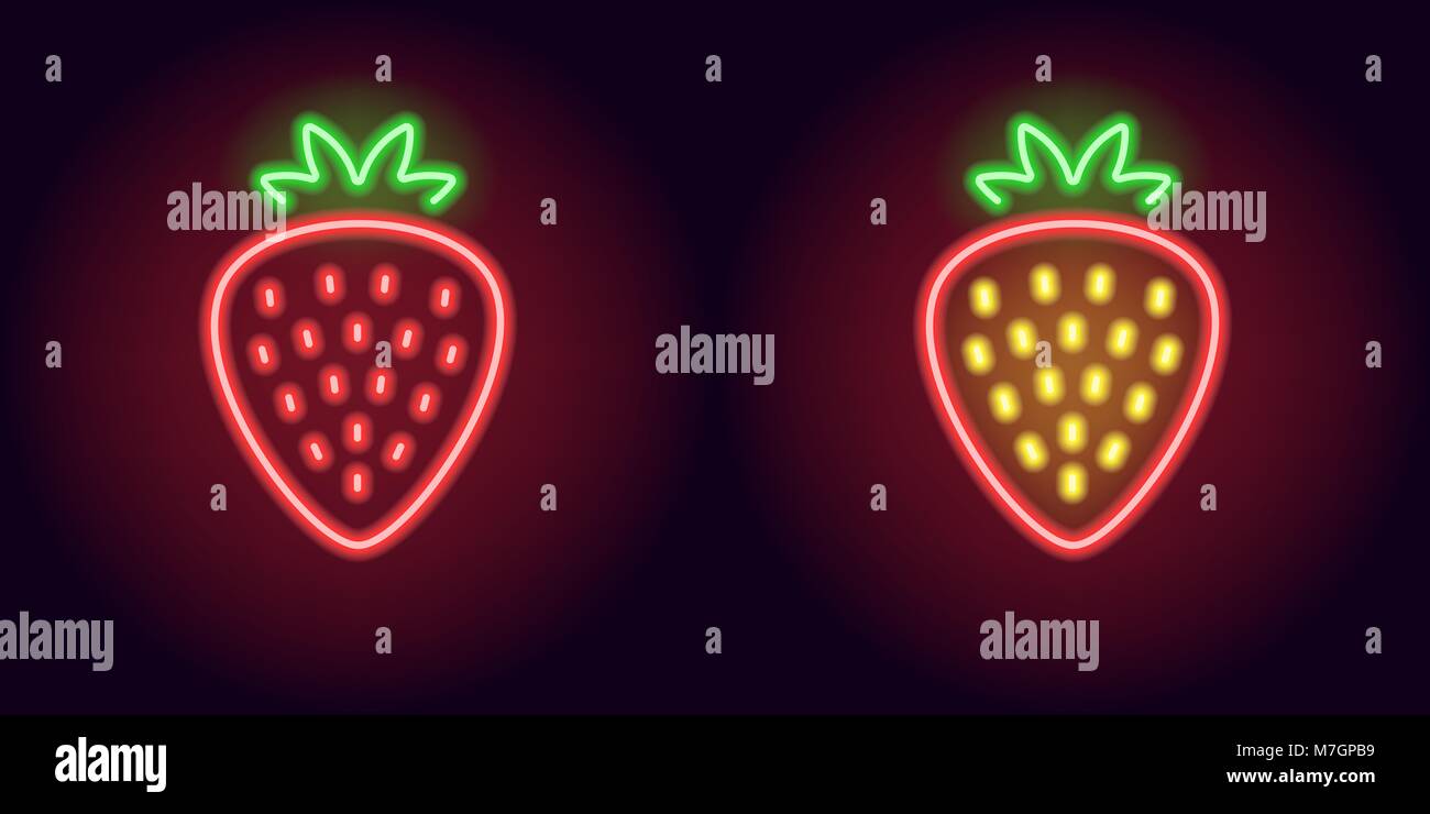 Red neon strawberry with sepals. Vector illustration of neon red ...