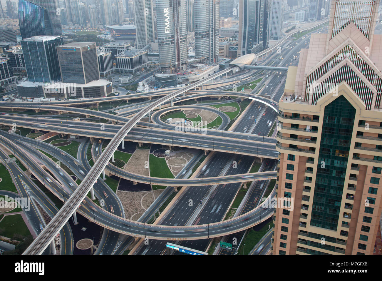 DUBAI, UAE - FEBRUARY 2018: Traffic on a busy intersection on Sheikh ...