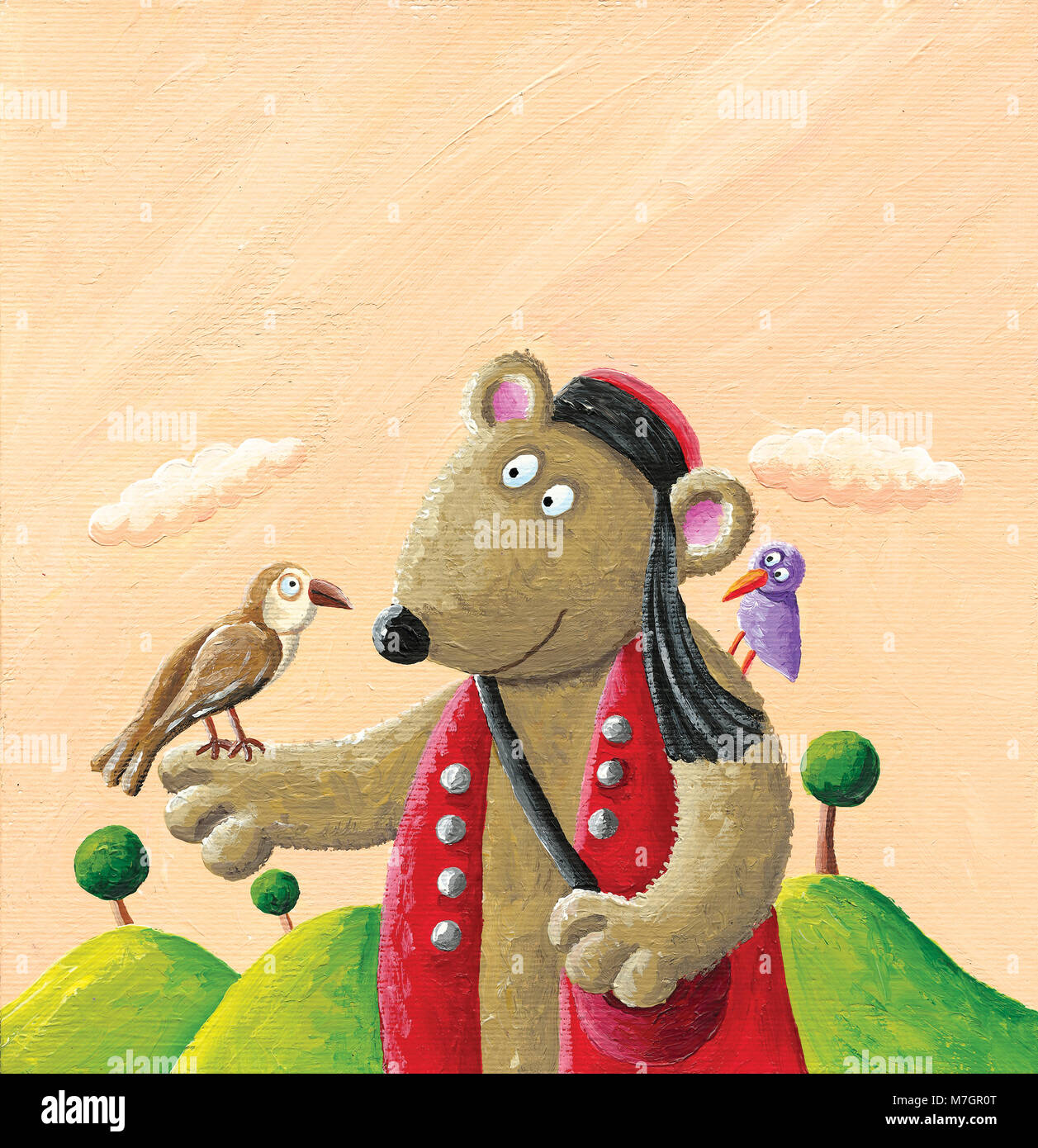 Acrylic illustration of bear ethno dressed with two birds Stock Photo ...