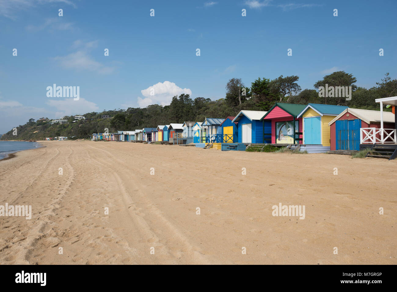 Colourful bathing huts at Mills Beach on the Mornington Peninsula in ...