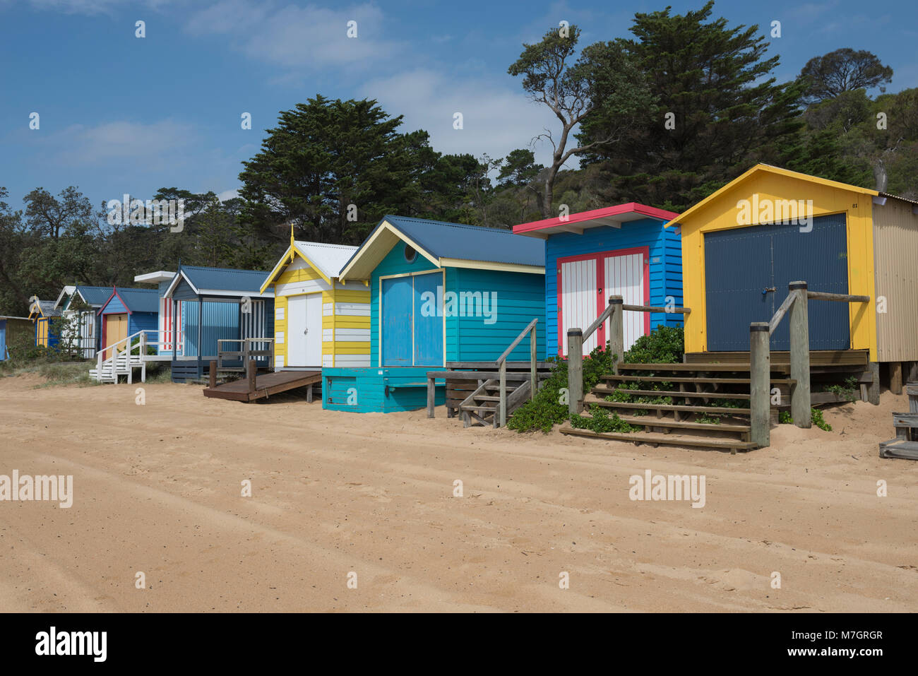 Colourful bathing huts at Mills Beach on the Mornington Peninsula in ...