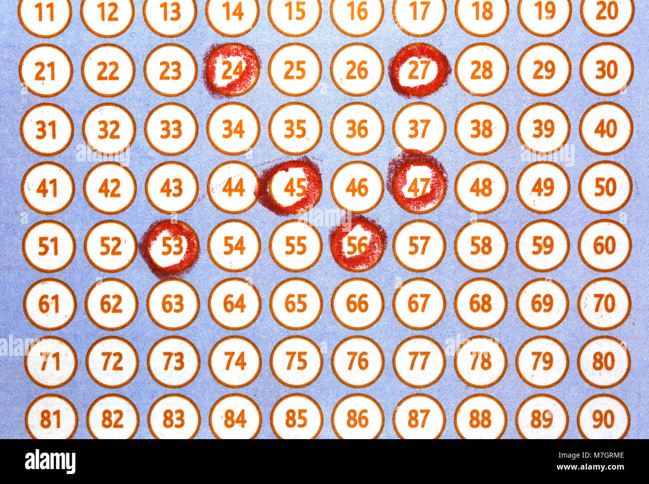 some numbers circled in red in a lottery bingo card Stock Photo - Alamy