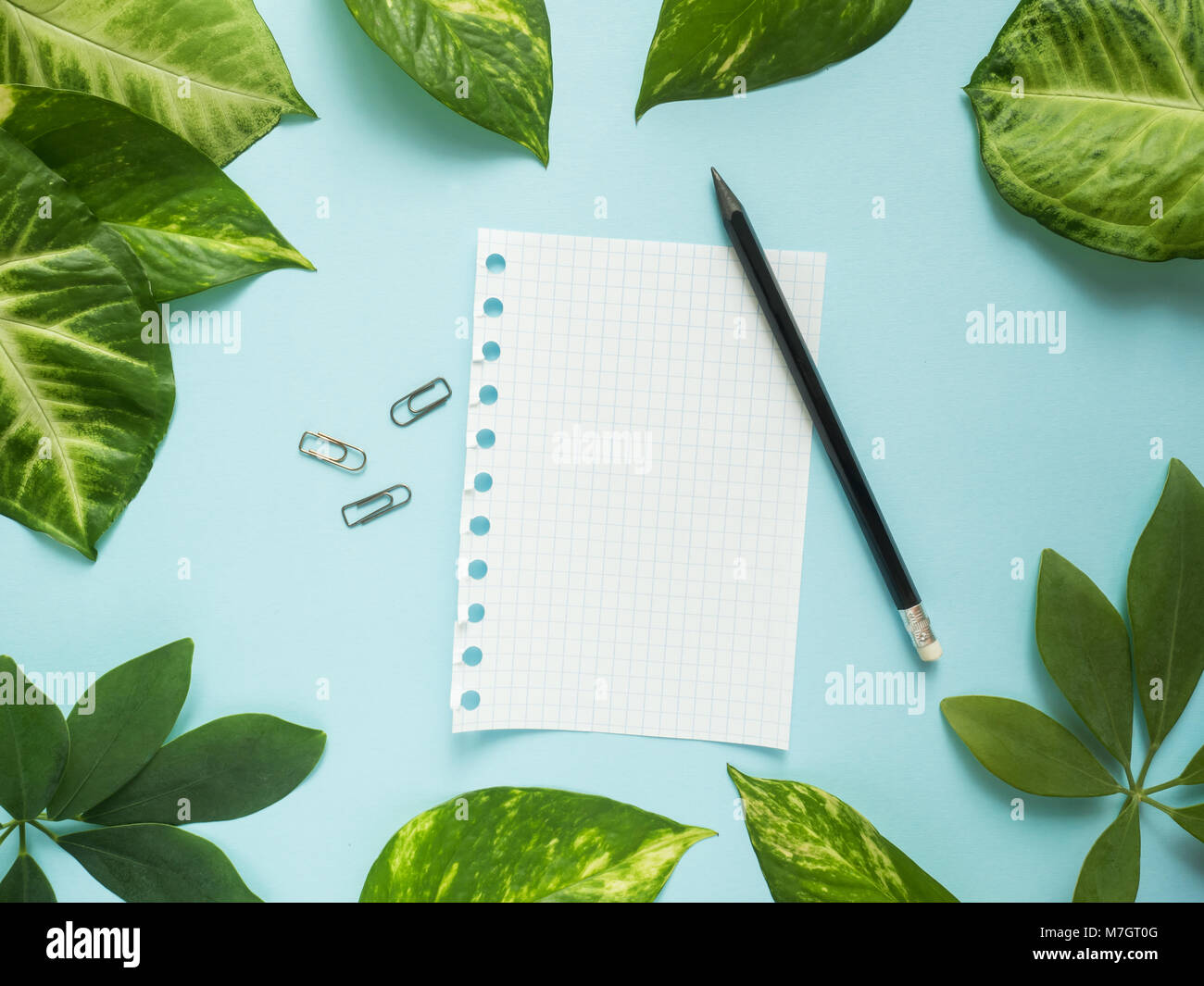 Notepad leaf with pencil in the center on blue background with green ...