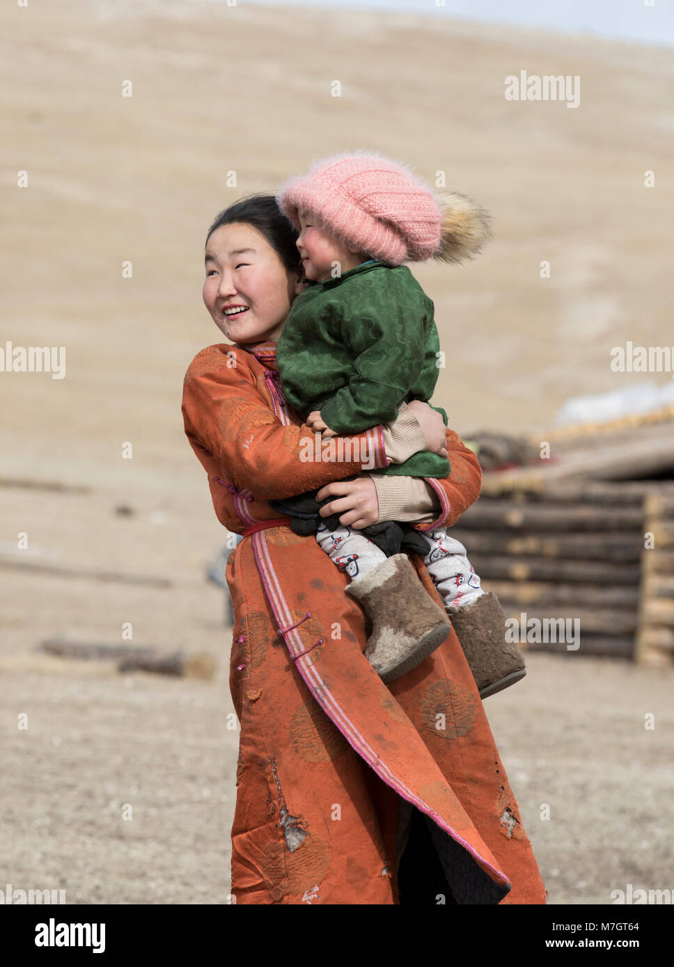 Hatgal, Mongolia, 3rd March 2018: mongolian kids in a steppe of ...