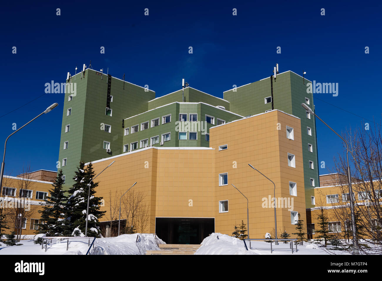 Building painted in different colors against the background of the ...