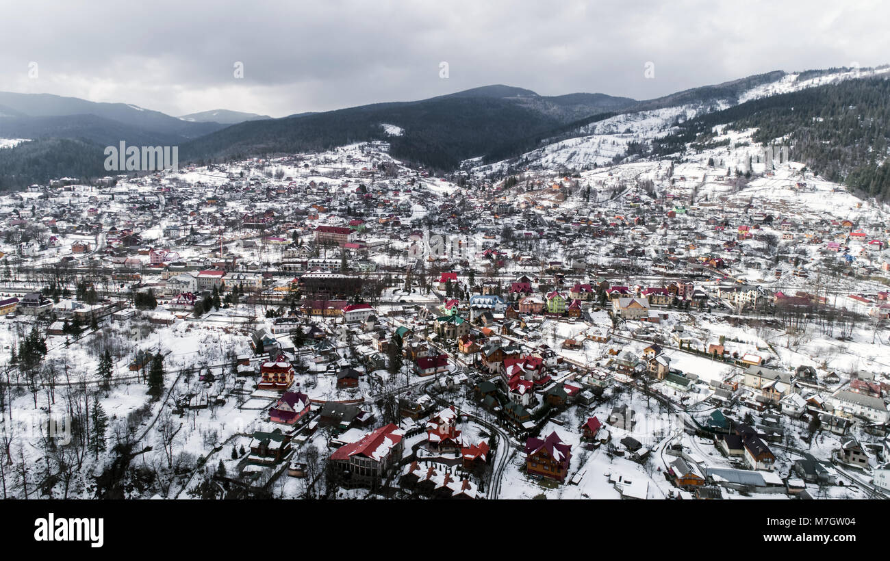 Aerial view of Carpathian mountains in winter, Yaremche, Ukraine Stock ...