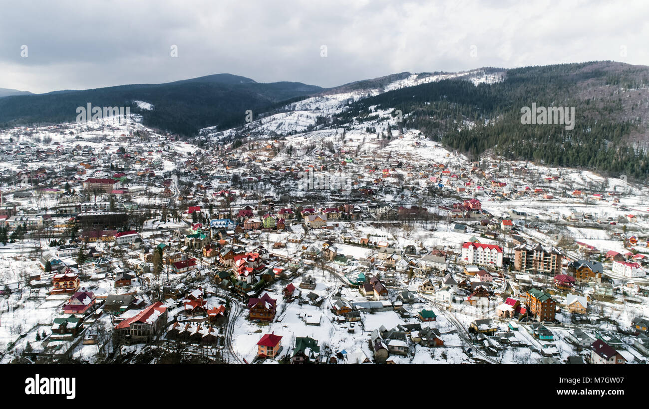 Aerial view of Carpathian mountains in winter, Yaremche, Ukraine Stock ...