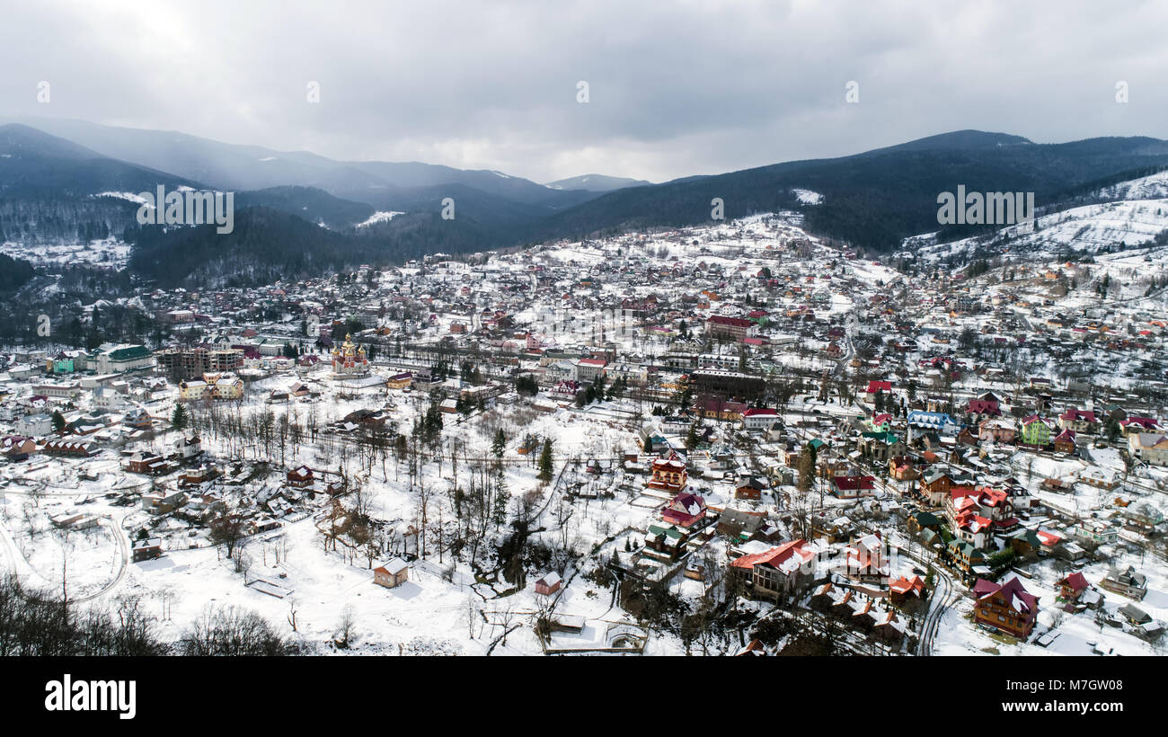 Aerial view of Carpathian mountains in winter, Yaremche, Ukraine Stock ...