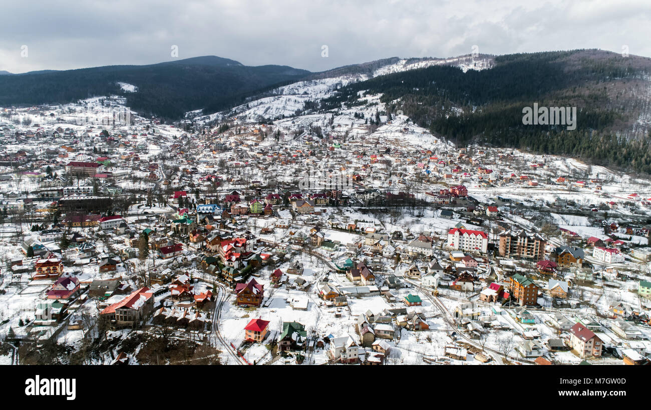Aerial view of Carpathian mountains in winter, Yaremche, Ukraine Stock ...