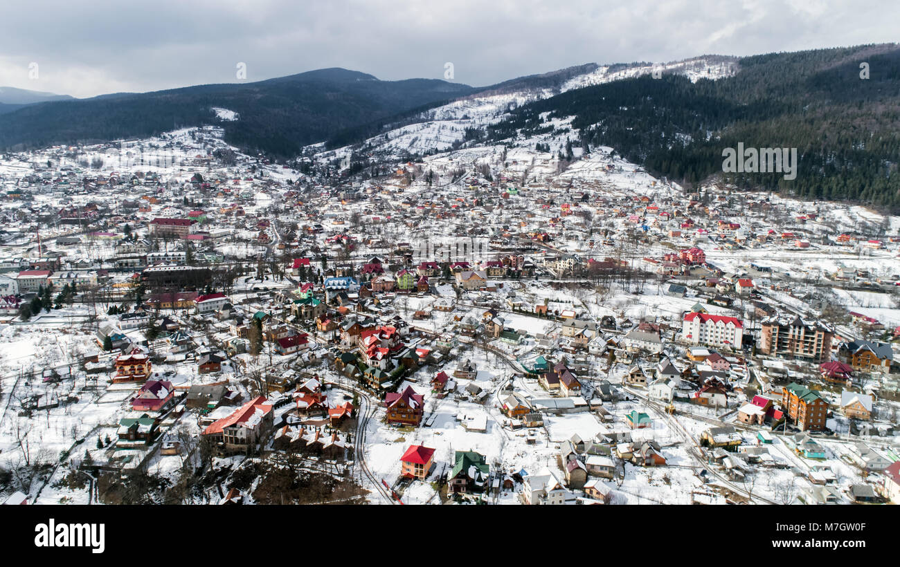 Aerial view of Carpathian mountains in winter, Yaremche, Ukraine Stock ...