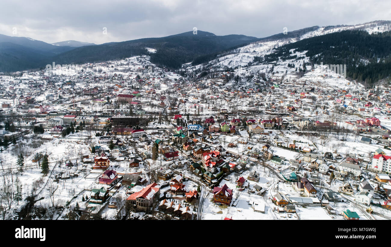 Aerial view of Carpathian mountains in winter, Yaremche, Ukraine Stock ...