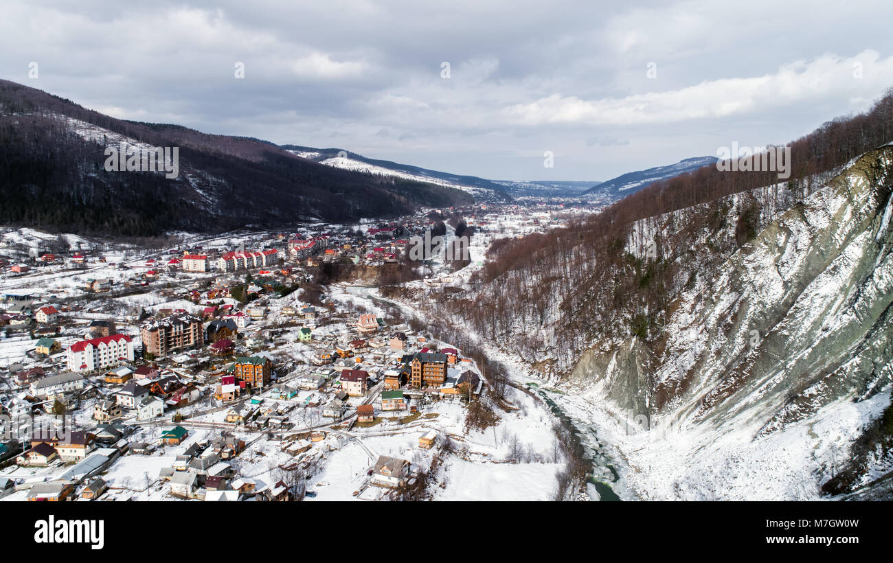 Aerial view of Carpathian mountains in winter, Yaremche, Ukraine Stock ...
