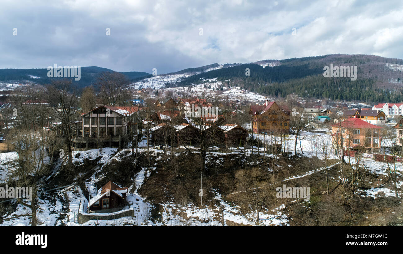 Aerial view of Carpathian mountains in winter, Yaremche, Ukraine Stock ...