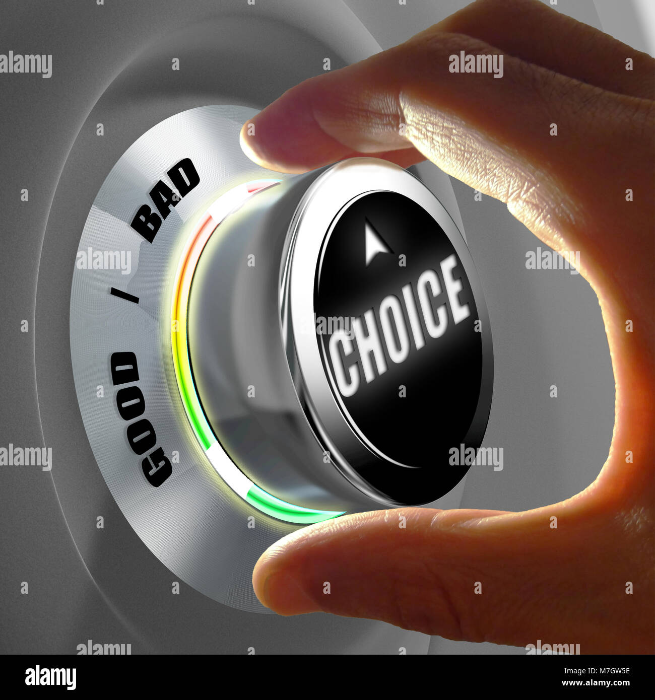 Hand selecting a good or a bad choice. Concept of making a decision. 3D ...