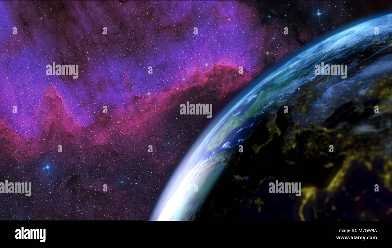 Earth seen from the sky with the day night alternation with a nebula in ...