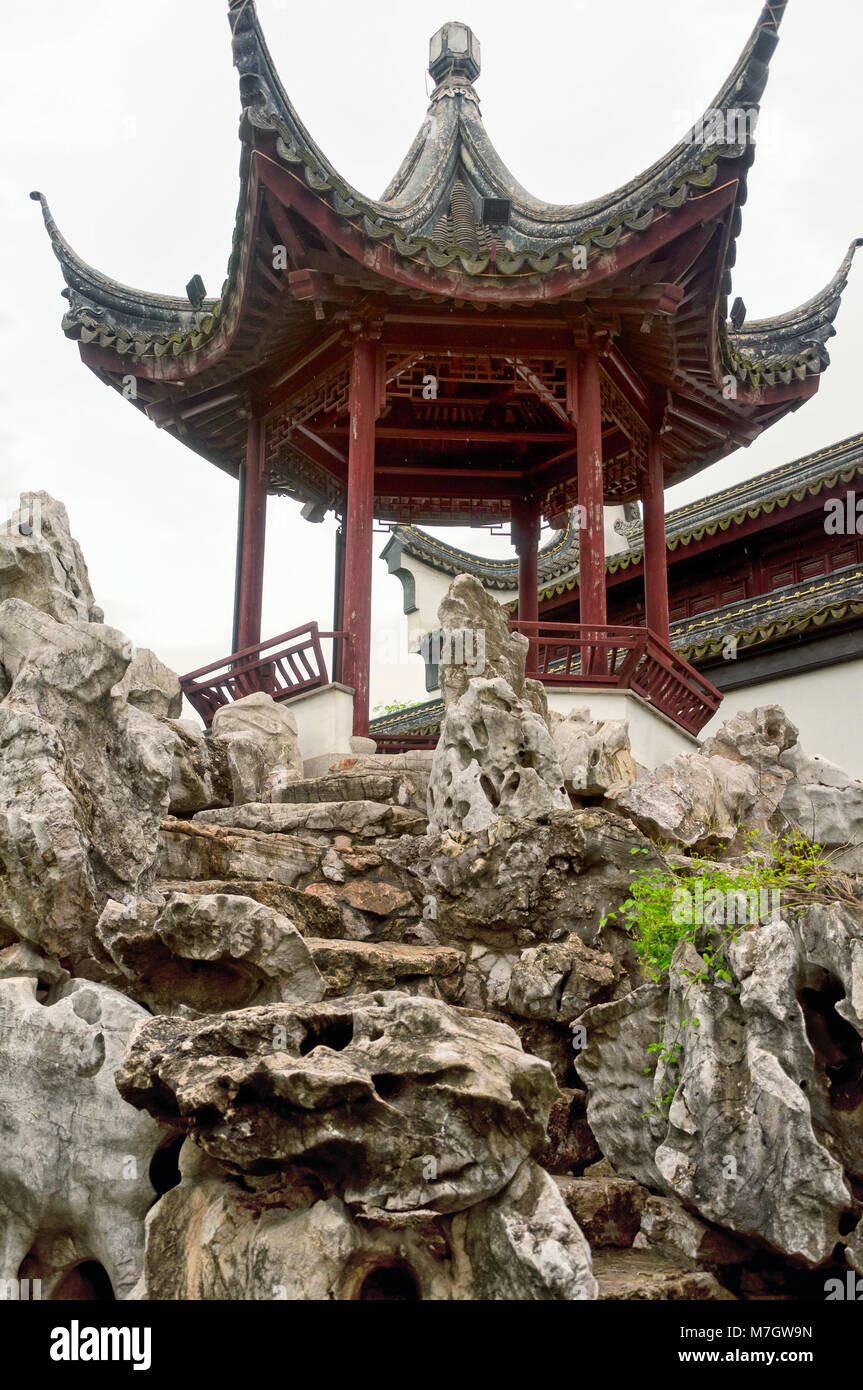 A gazebo on rocks within the classical chinese Li Yuan Garden in ...