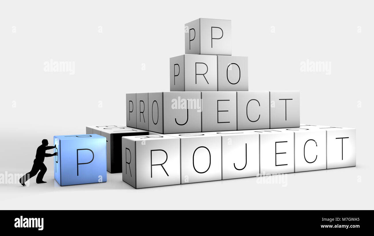 A man is pushing a brick to form the word PROJECT. Metaphor on project ...