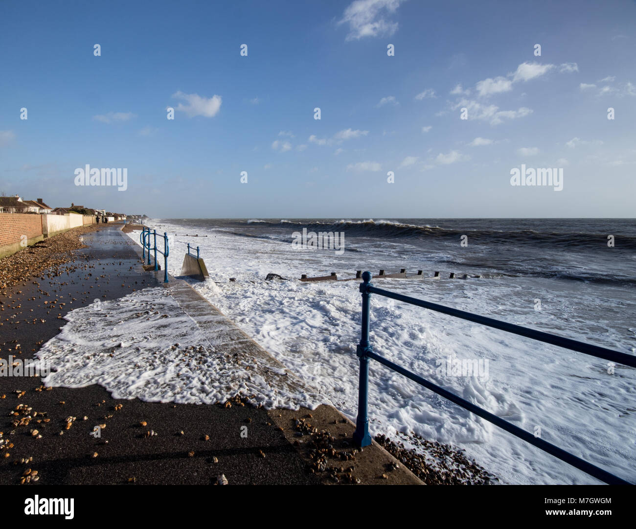 Stormy seas at Felpham promenade seafront near Bognor Regis, West Sussex, UK. Storm Eleanor hit ...