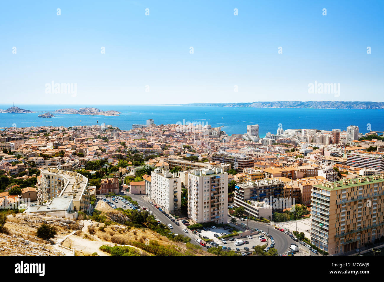 Aerial view of Marseille city and its harbor at sunny day, France Stock ...