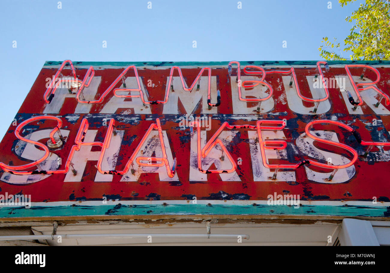 Hamburger and shakes drive-in neon sign, daytime, US, USA, 2017 Stock ...