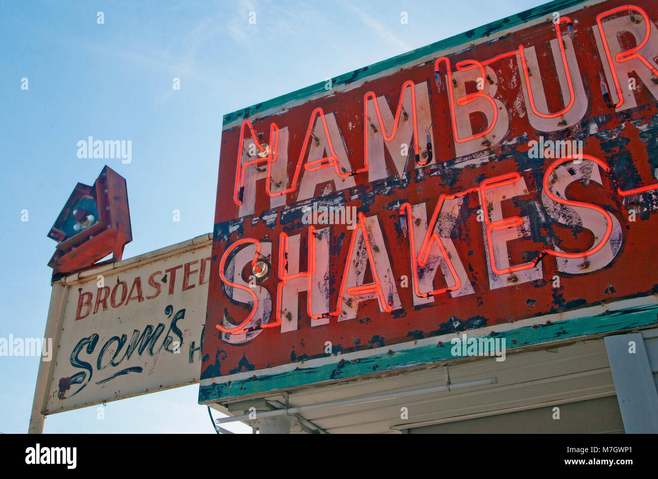 Hamburger and shakes drive-in neon sign, daytime, US, USA, 2017 Stock ...
