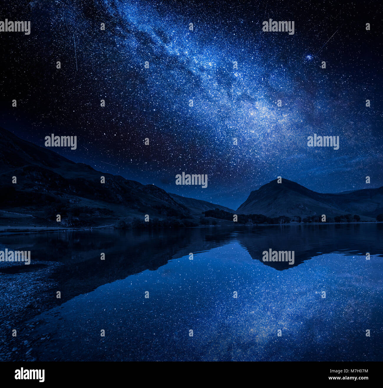 Milky way and stars reflection in lake, District Lake, England Stock ...