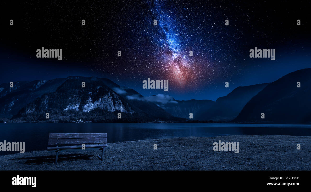 Mountain and lake at night with stars Stock Photo - Alamy