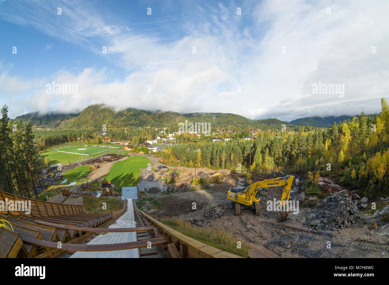 Broad panoramic view of Otra river valley in Evje, with building site ...