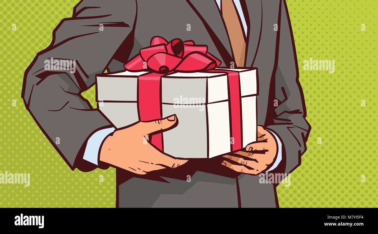 Hands Of Business Man Hold Gift, Sketch Present Box With Red Ribbon Bow ...