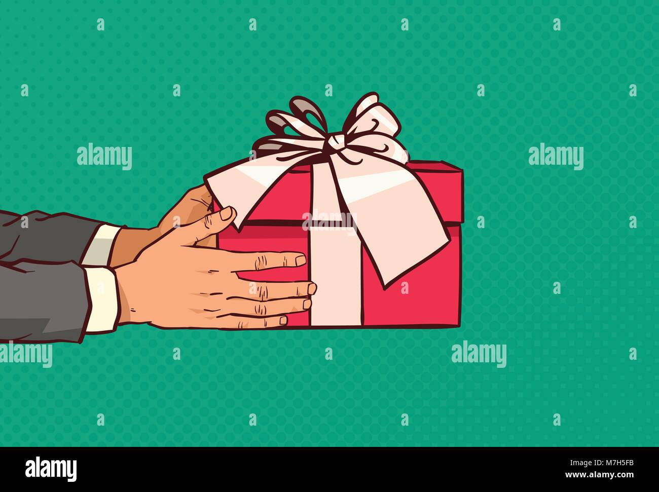 Hands Holding Red Gift Box With Bow Present For With Holiday Event Over ...