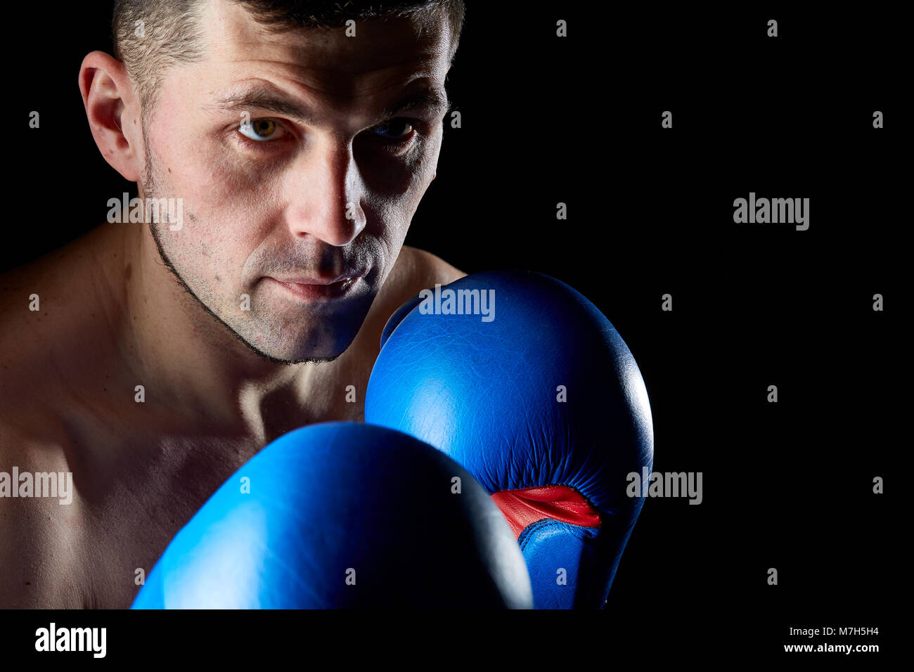 Close up low key portrait of a aggressive muscular fighter, getting ...