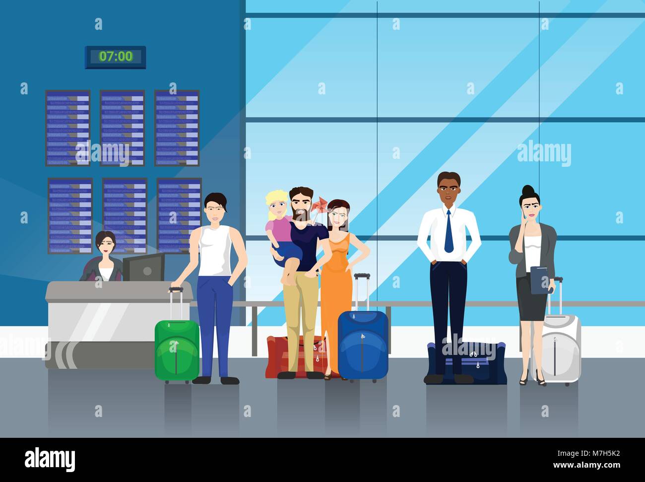 People with Baggage standing In Line To Counter In Airport For Check In ...