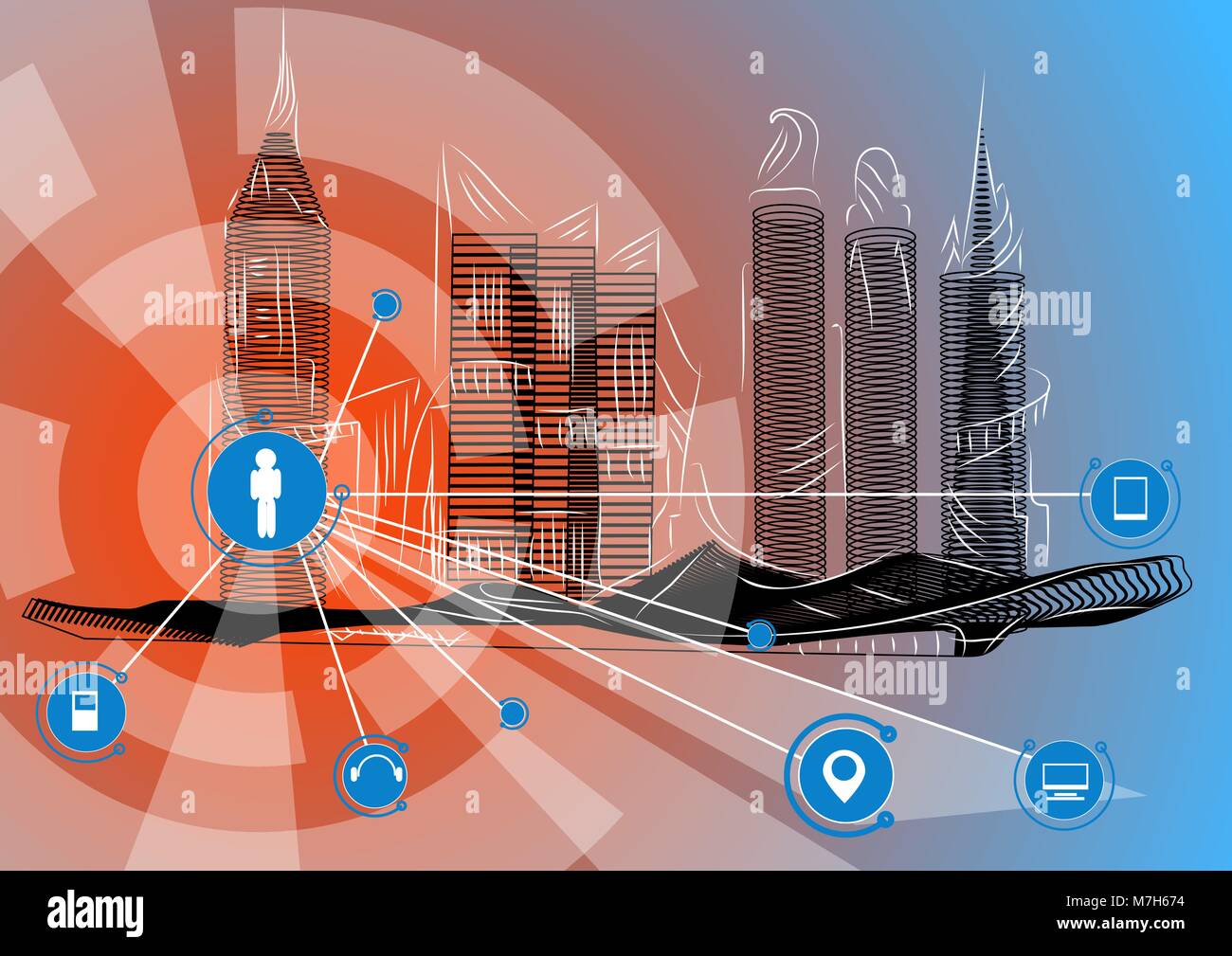 connected symbol and icos. Abstract futuristic digital city Stock ...
