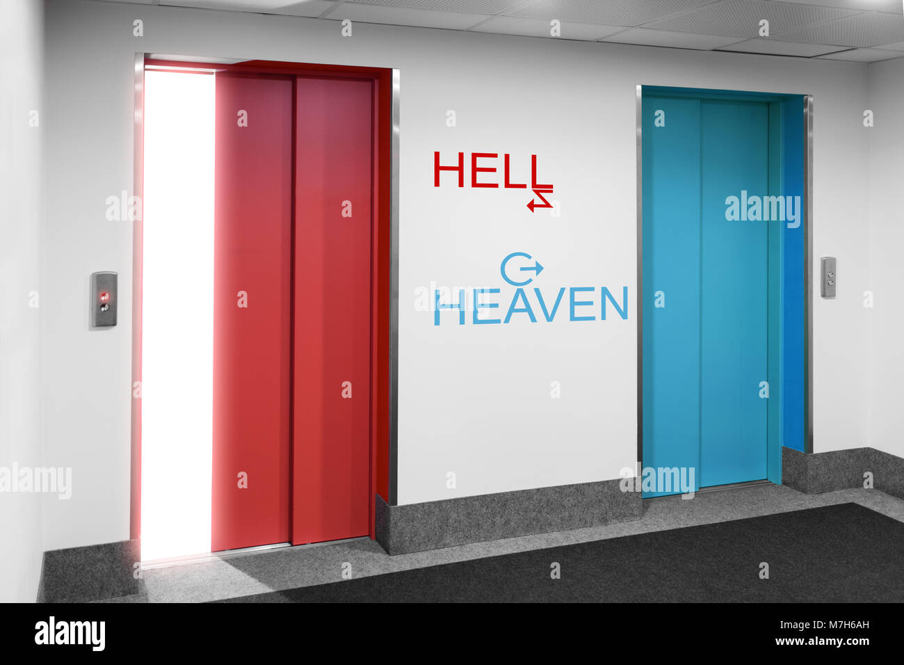 Front view of modern elevator with open and closed doors to the heaven ...