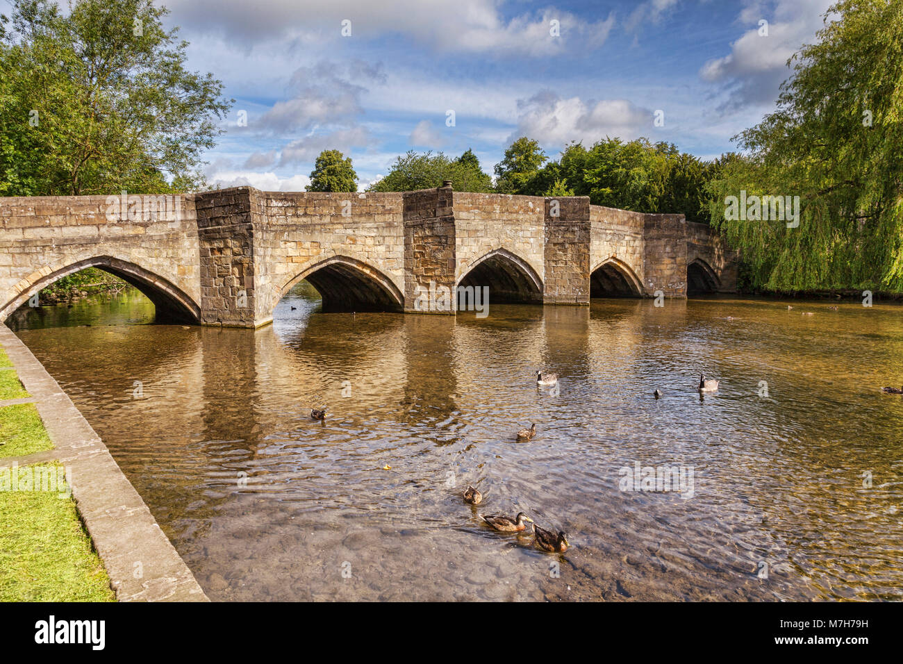 The 13th century, five arched bridge on the River Wye at Bakewell ...