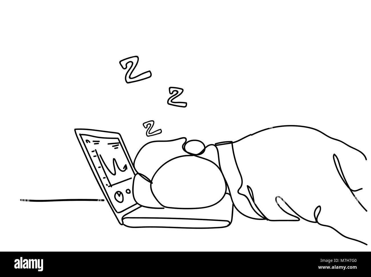 Doodle Tired Business Man Sleeping On Workplace On Laptop Computer ...
