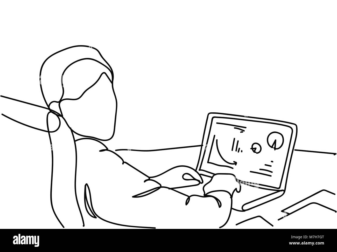 Doodle Business Man Working With Data On laptop Computer Charts And ...