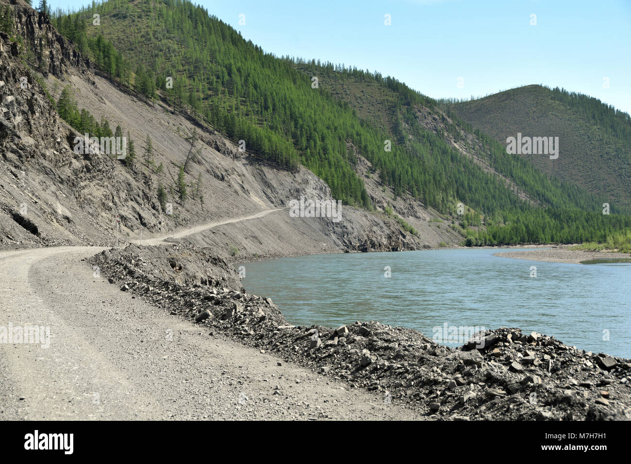 The Kolyma highway and the Nera river south of the town of Ust Nera ...