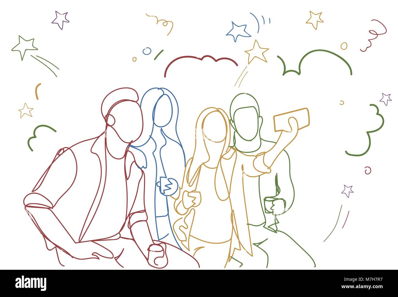 Doodle Friends Taking Selfie Photo Group Of Men And Women Make Self ...