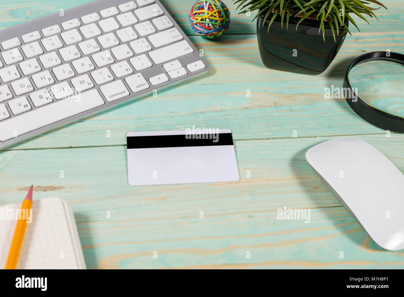 Top view office table and blank credit card on wood background Stock ...