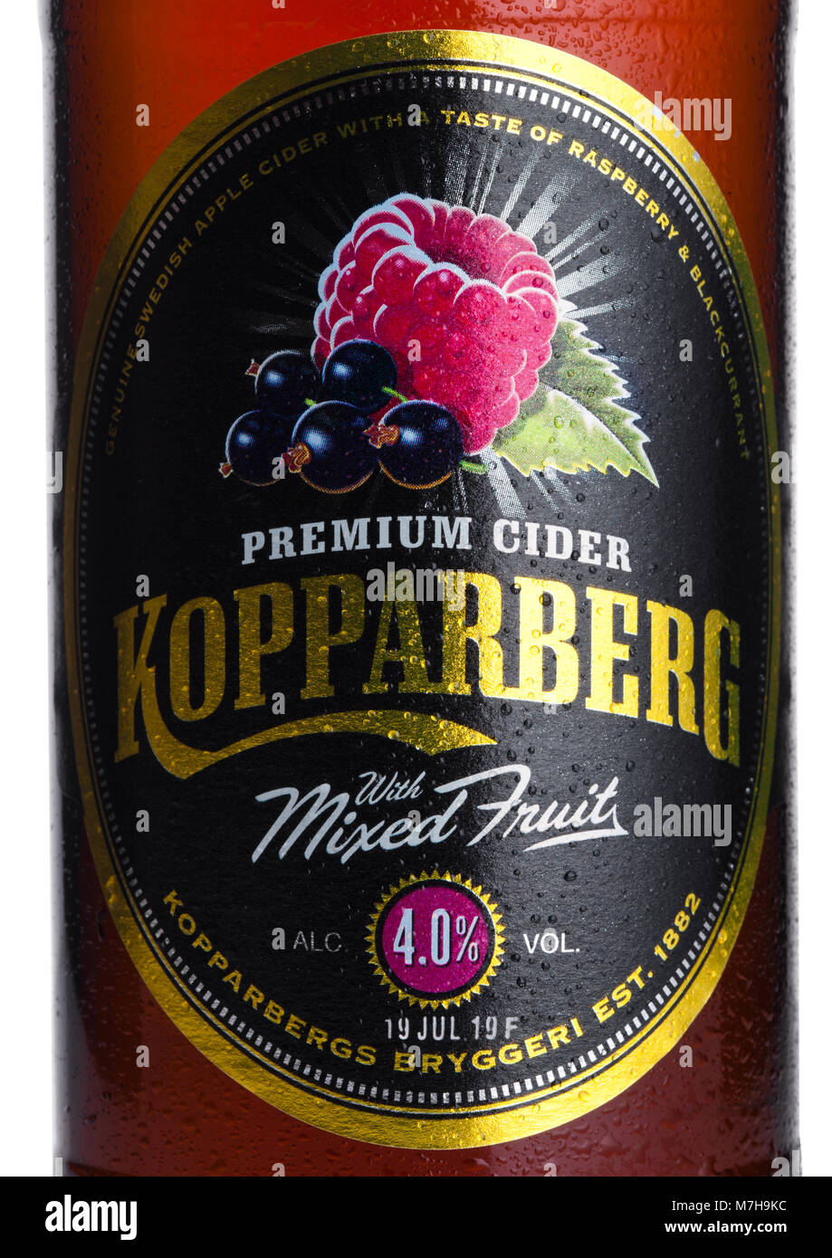 LONDON, UK - MARCH 10, 2018 : Cold Bottle label of Kopparberg premium ...