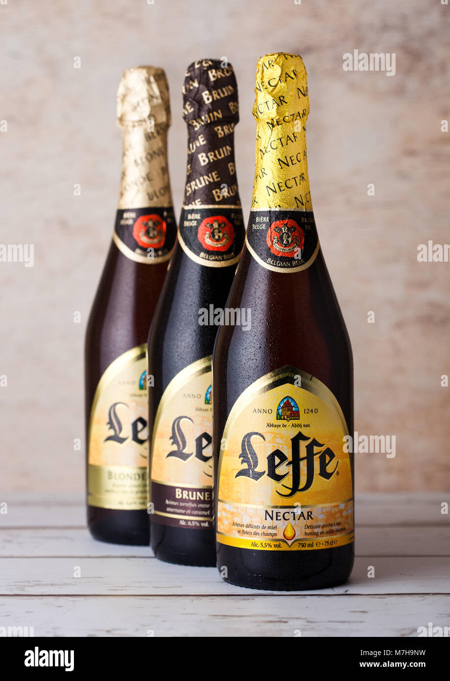 LONDON, UK - MARCH 10, 2018 : Cold bottles of Leffe beer on wooden ...