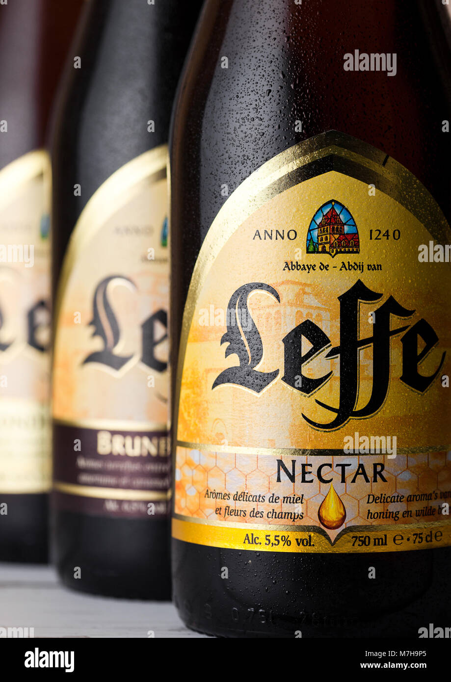 LONDON, UK - MARCH 10, 2018 : Cold bottles of Leffe beer.Leffe is made ...
