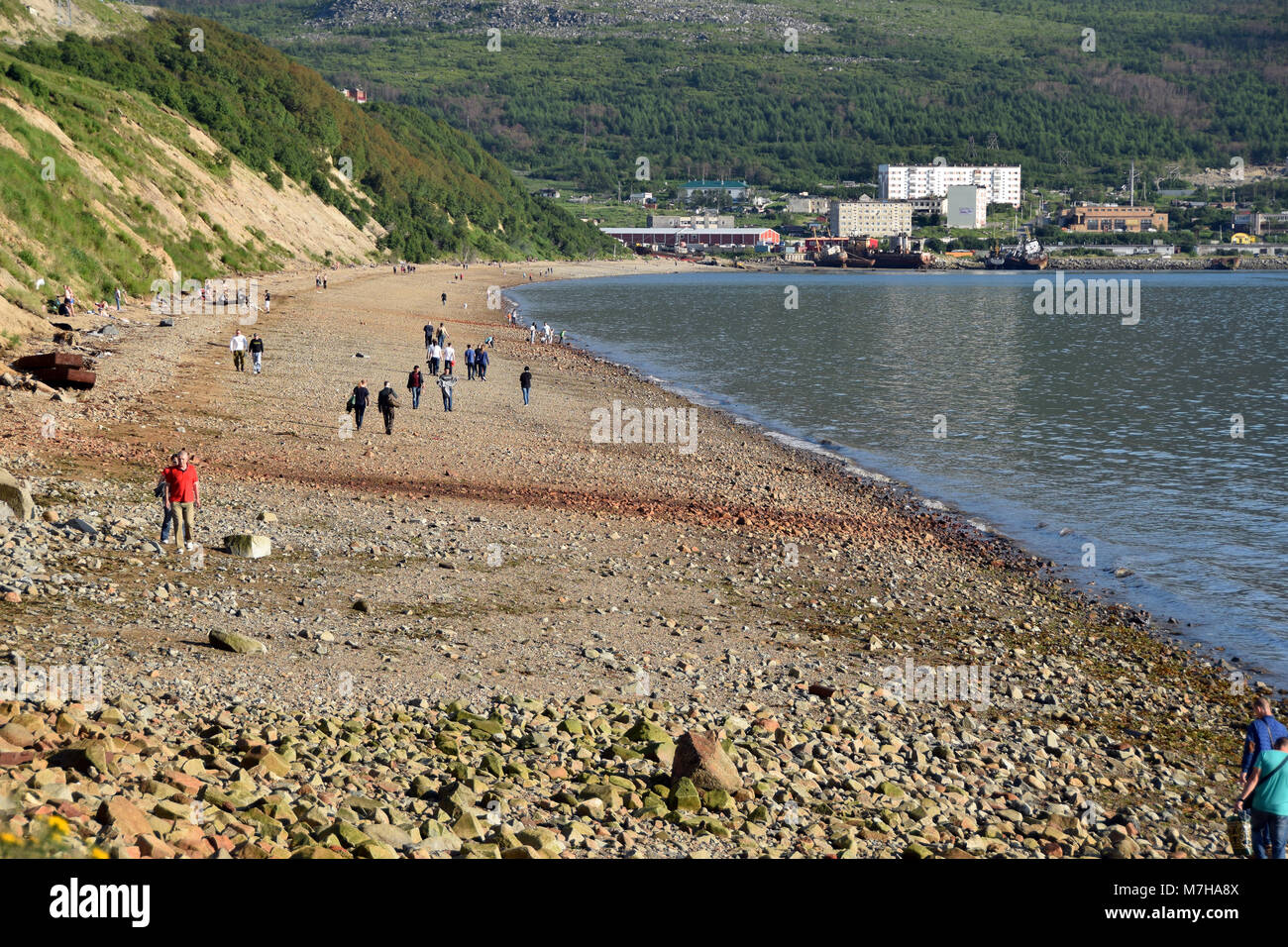 The beach of Magadan on the Okhotsk sea in summer season. Magadan is ...