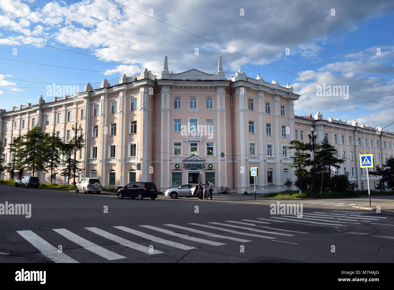 Soviet architecture building in Magadan, the capital of the Kolyma ...