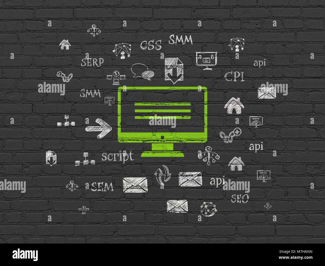 Web development concept: Monitor on wall background Stock Photo - Alamy